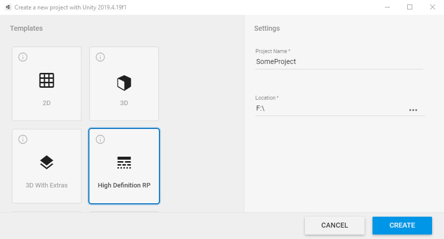 Unity Hub 项目创建器窗口。