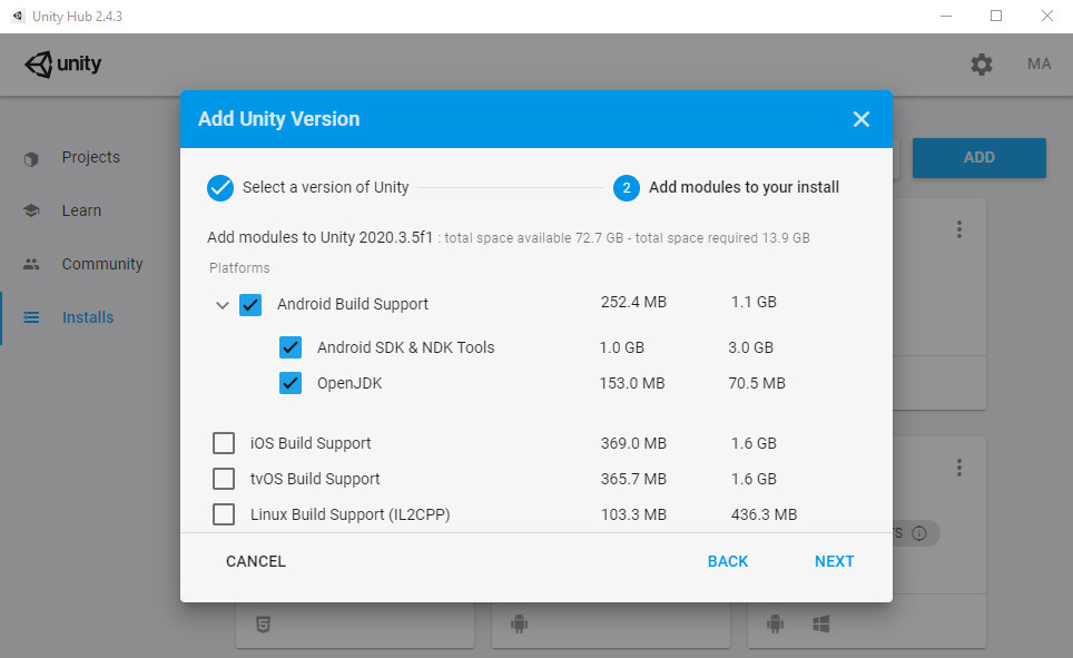 Unity Hub 插件模块选择
