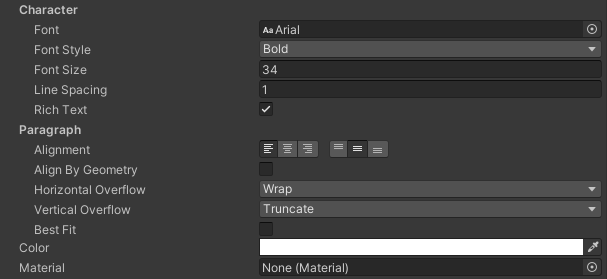 Unity 文本组件检查器 Arial 粗体字体大小 34